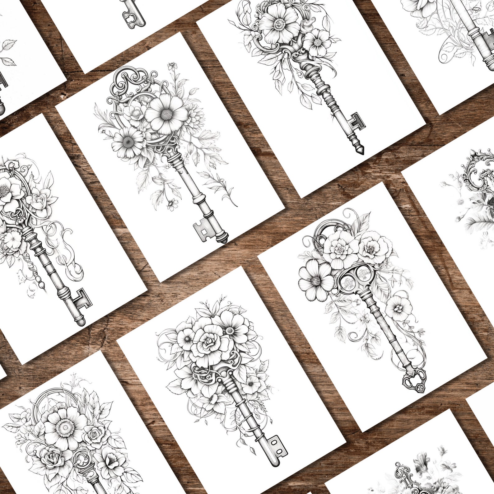 Blooming Antique Keys Coloring, Adult Coloring Book, Flower Key Color ...