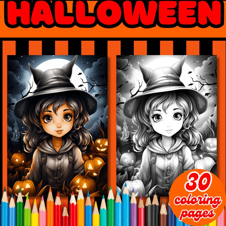 Halloween 2023 Coloring Pages: Cute Witch and Pumpkin Not - Etsy