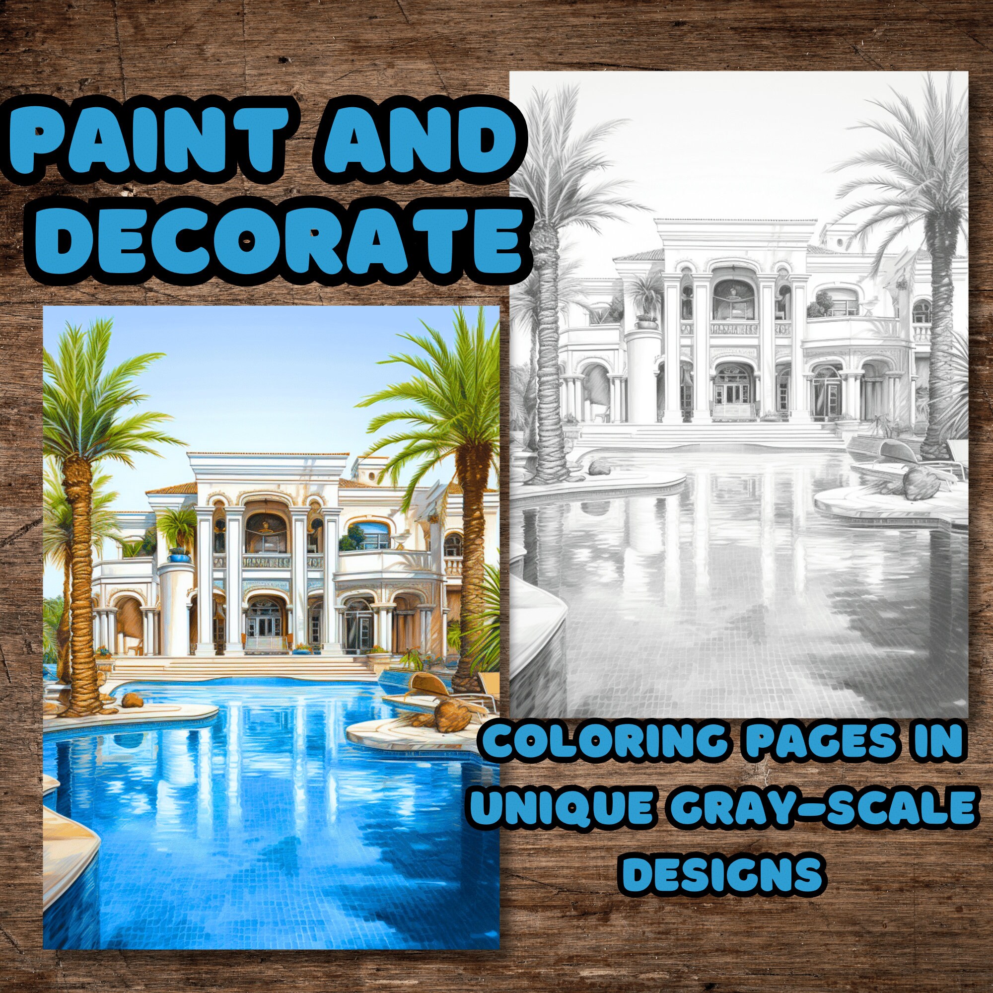 Luxury Villas Color Pages: Adult Coloring of Architecture, Grayscale ...