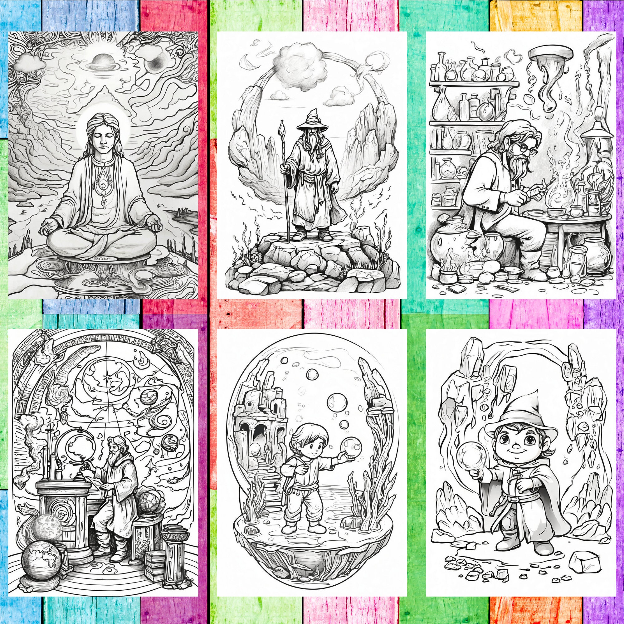 Wizard Coloring Pages for Adults Fantasy Magic & Mage Illustrations ...