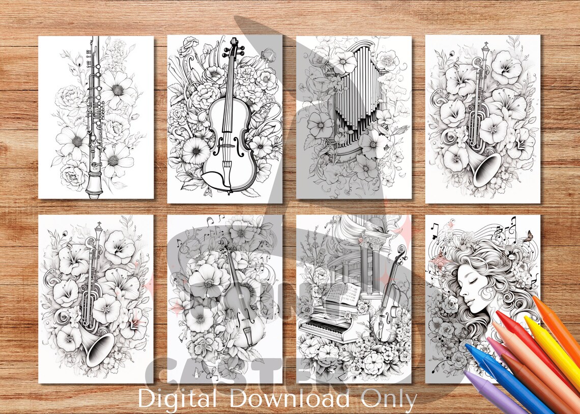 Floral Guitars and Musical Instruments Coloring Pages - Detailed ...