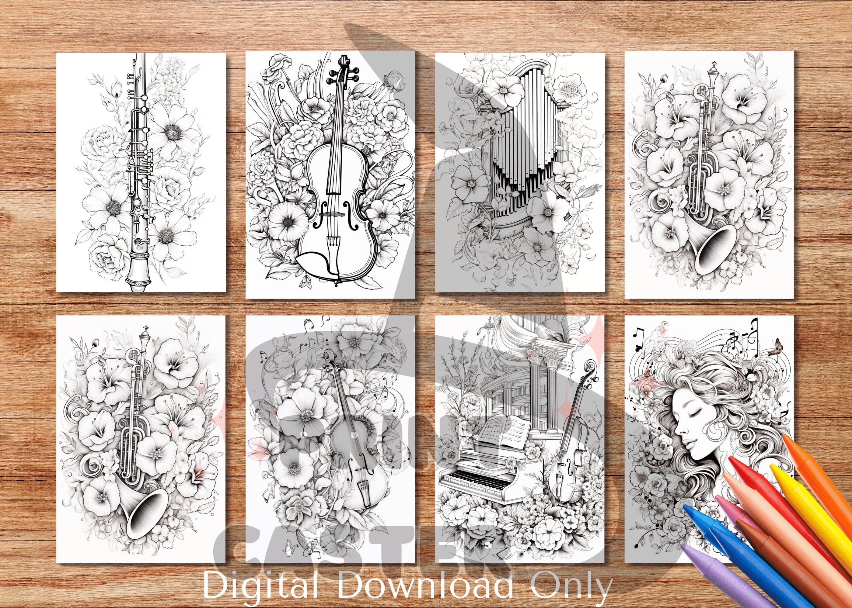 Floral Guitars and Musical Instruments Coloring Pages - Detailed ...