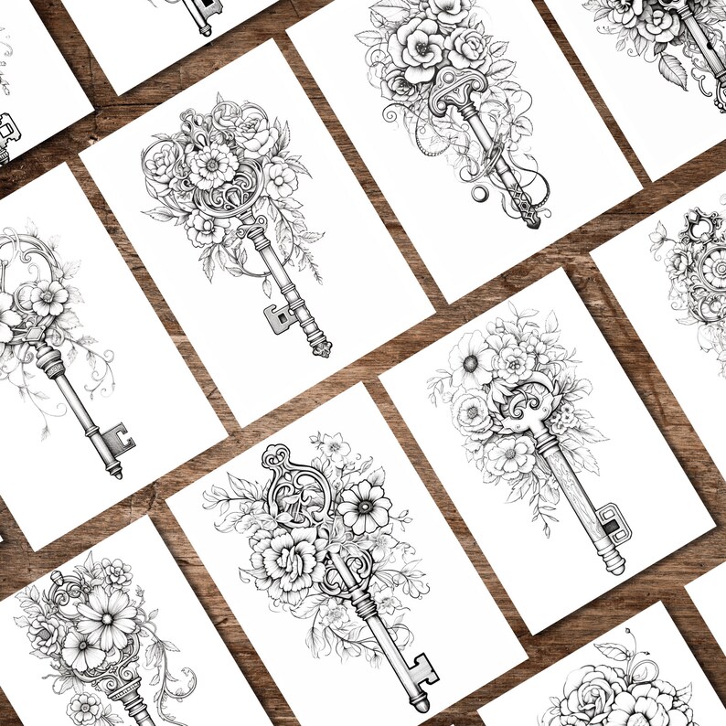 Blooming Antique Keys Coloring, Adult Coloring Book, Flower Key Color ...