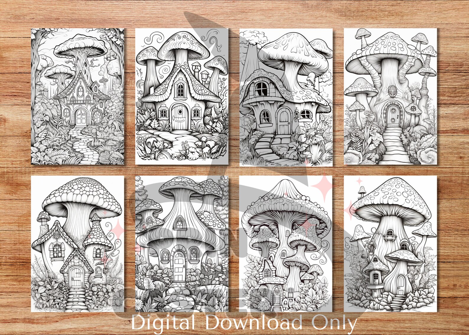 Charming Mushroom Houses Coloring Pages Digital Coloring Book for Kids ...