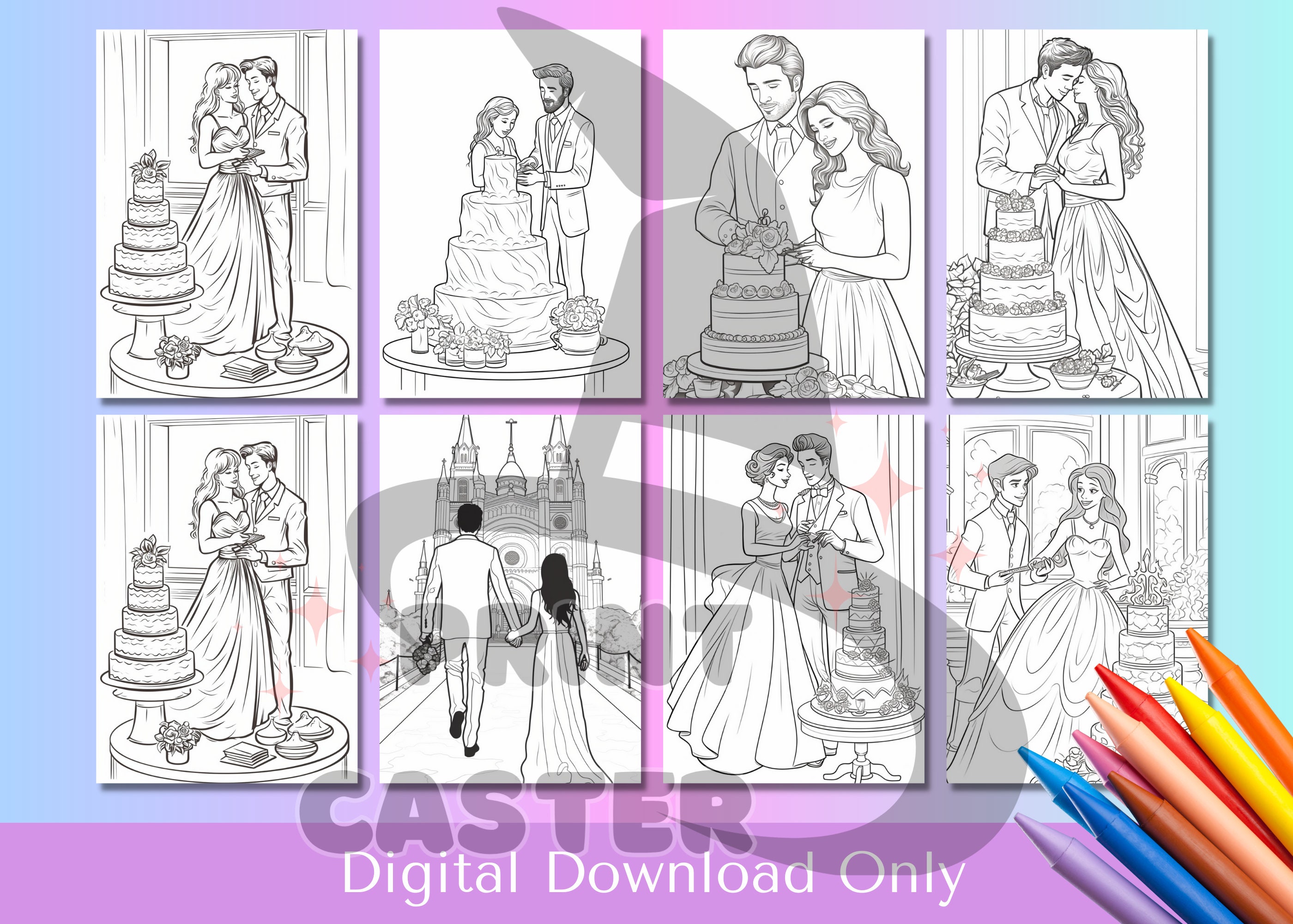 30 Wedding Couple Digital Coloring Book Bride and Groom Grayscale ...