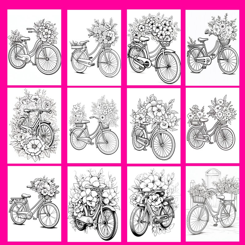 75 Vintage Bikes Bloom Coloring: Instant Download, Printable PDF ...