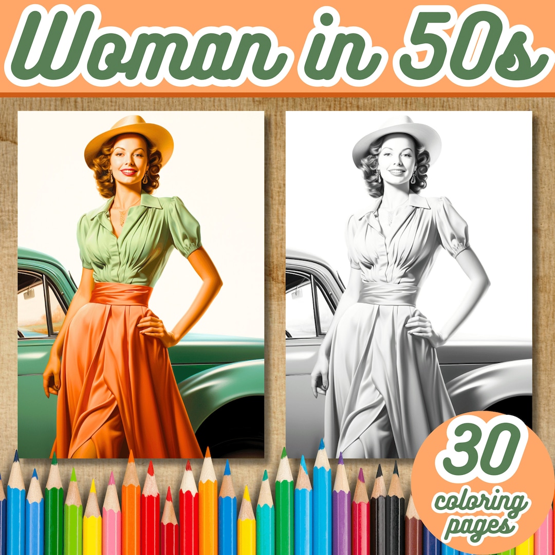1950's Vintage Woman Printable Coloring Pages: Adult - Etsy