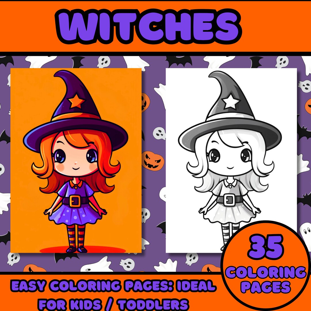 Halloween Witch Coloring Pages: Adult Kids Grayscale - Etsy