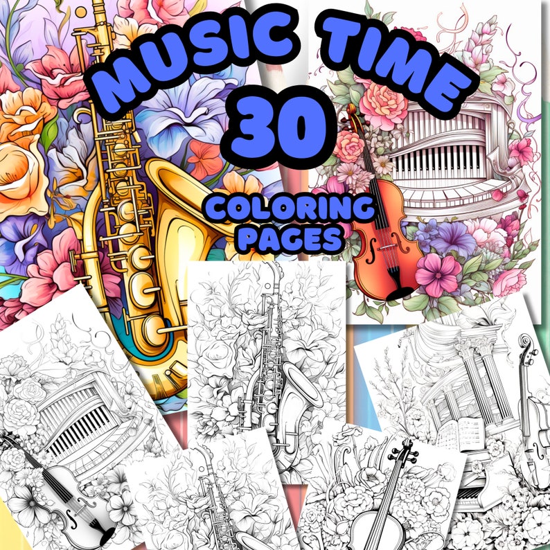 Floral Guitars and Musical Instruments Coloring Pages - Detailed ...