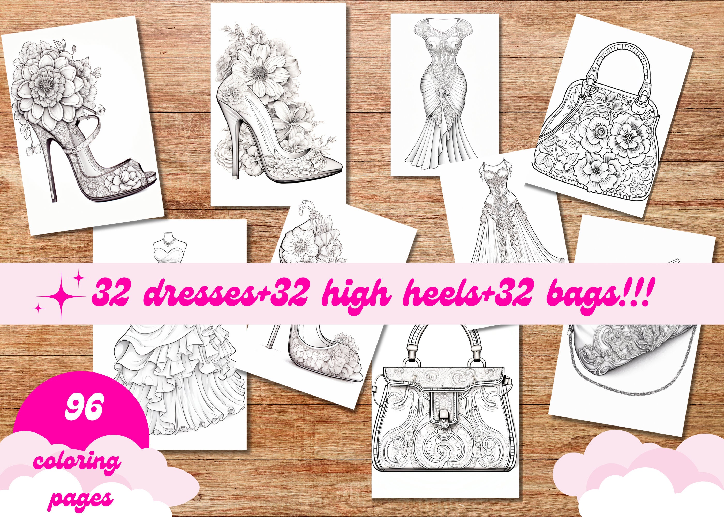 Fashion Bundle Coloring Pages - Stylish Shoes, Elegant Dresses, and ...