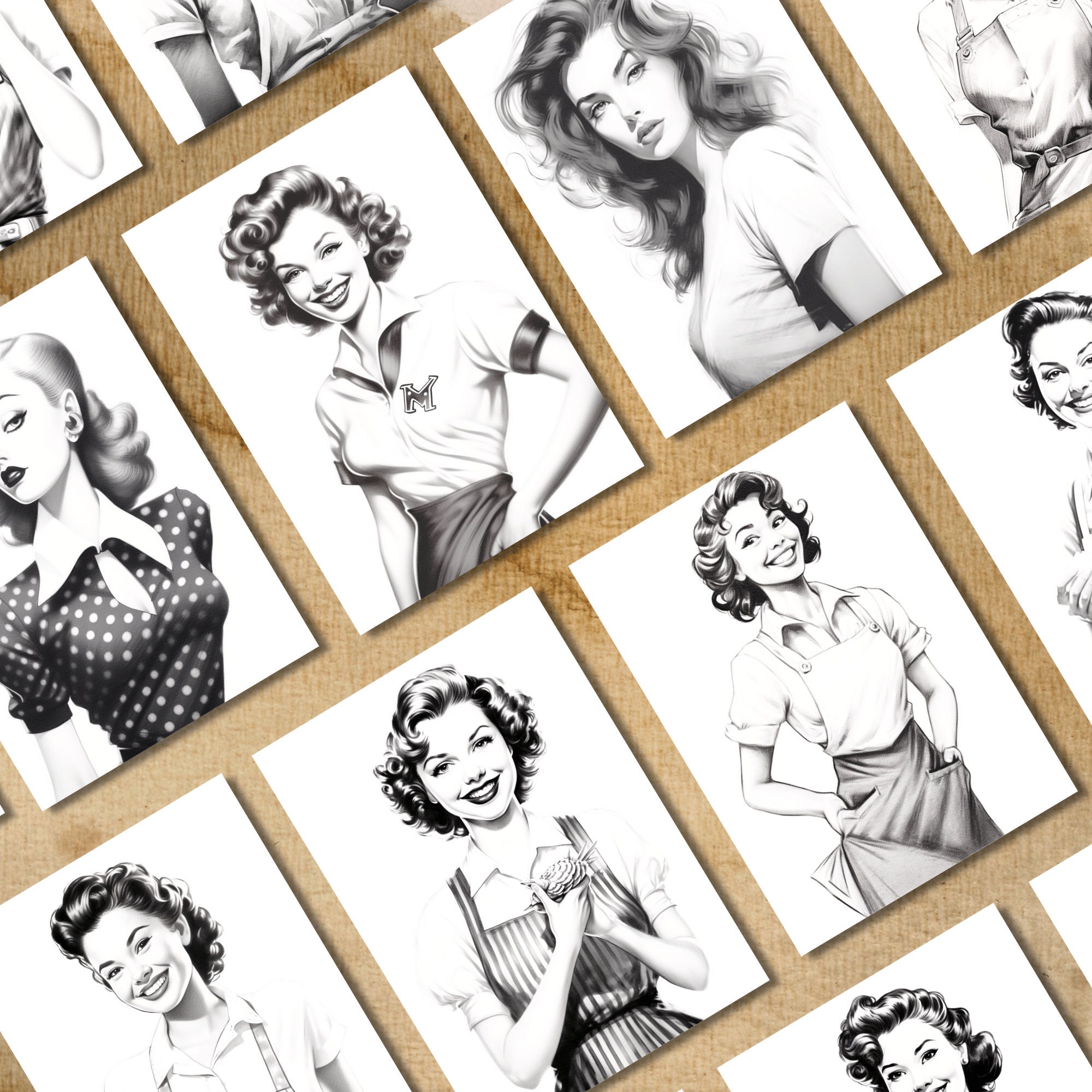 1950's Vintage Woman Printable Coloring Pages: Adult Coloring Book, Portrait and Dress ...