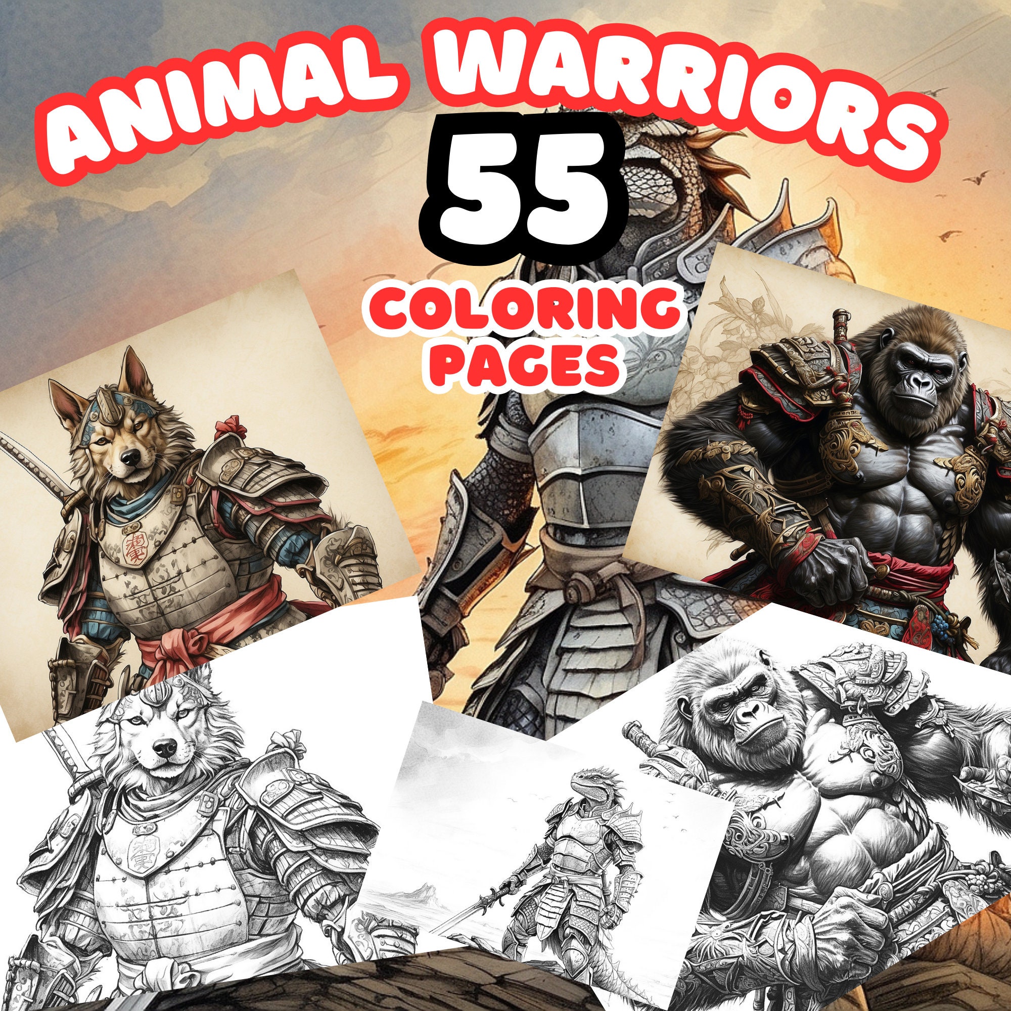 Animal Warriors Color Page Fantasy Coloring Book Digital Download of ...