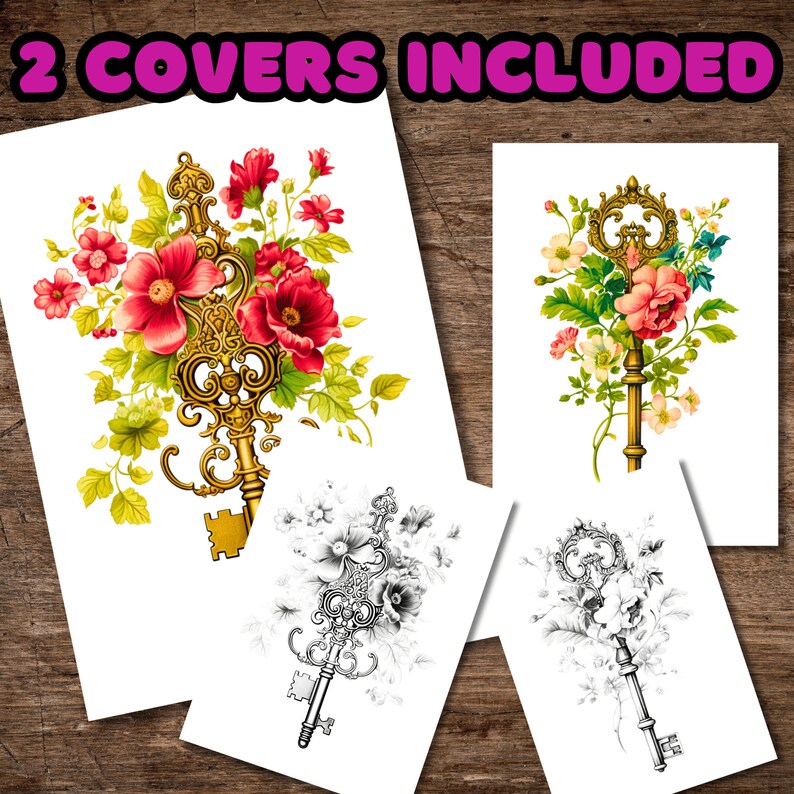 Blooming Antique Keys Coloring, Adult Coloring Book, Flower Key Color ...