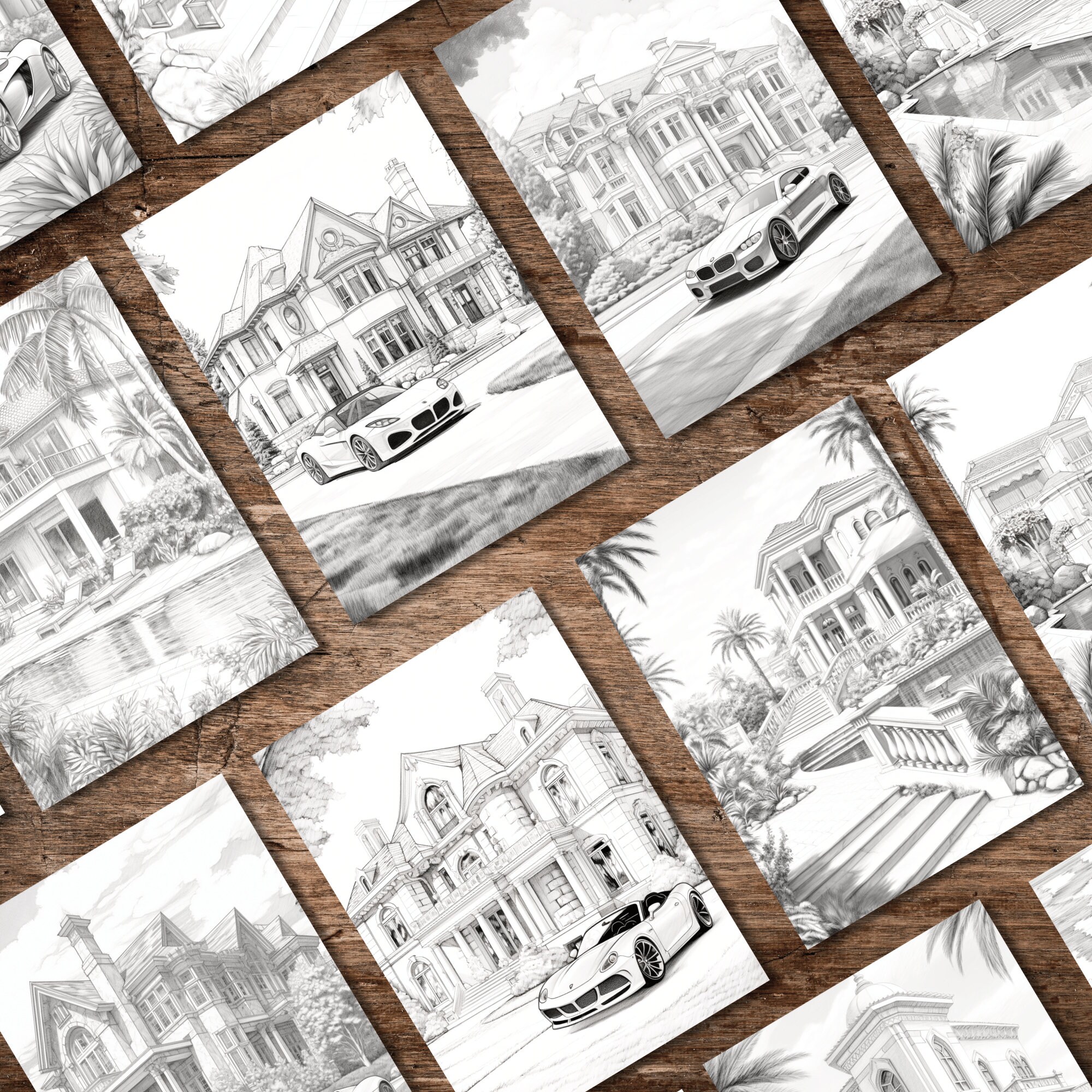 Luxury Villas Color Pages: Adult Coloring of Architecture, Grayscale ...