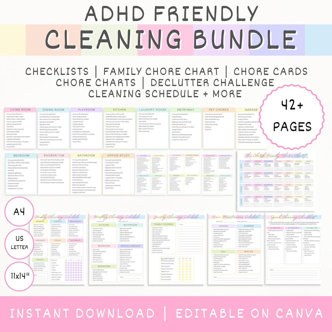 ADHD Cleaning Checklist Bundle, Editable ADHD Cleaning Planner, Adult ...