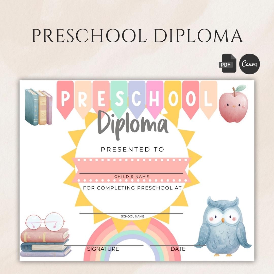Preschool Diploma Certificate - End of School Year Printable for ...