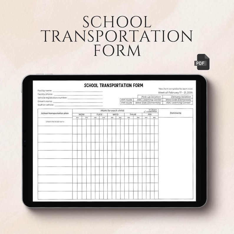 Transportation Schedule Form for Daycares, Preschools and Childcare ...
