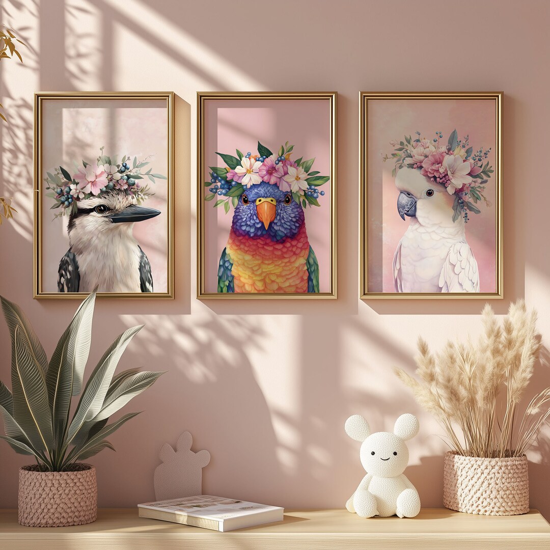 Australian Art Birds Art Print Set Flower Crown Nursery Decor Set of 3 ...