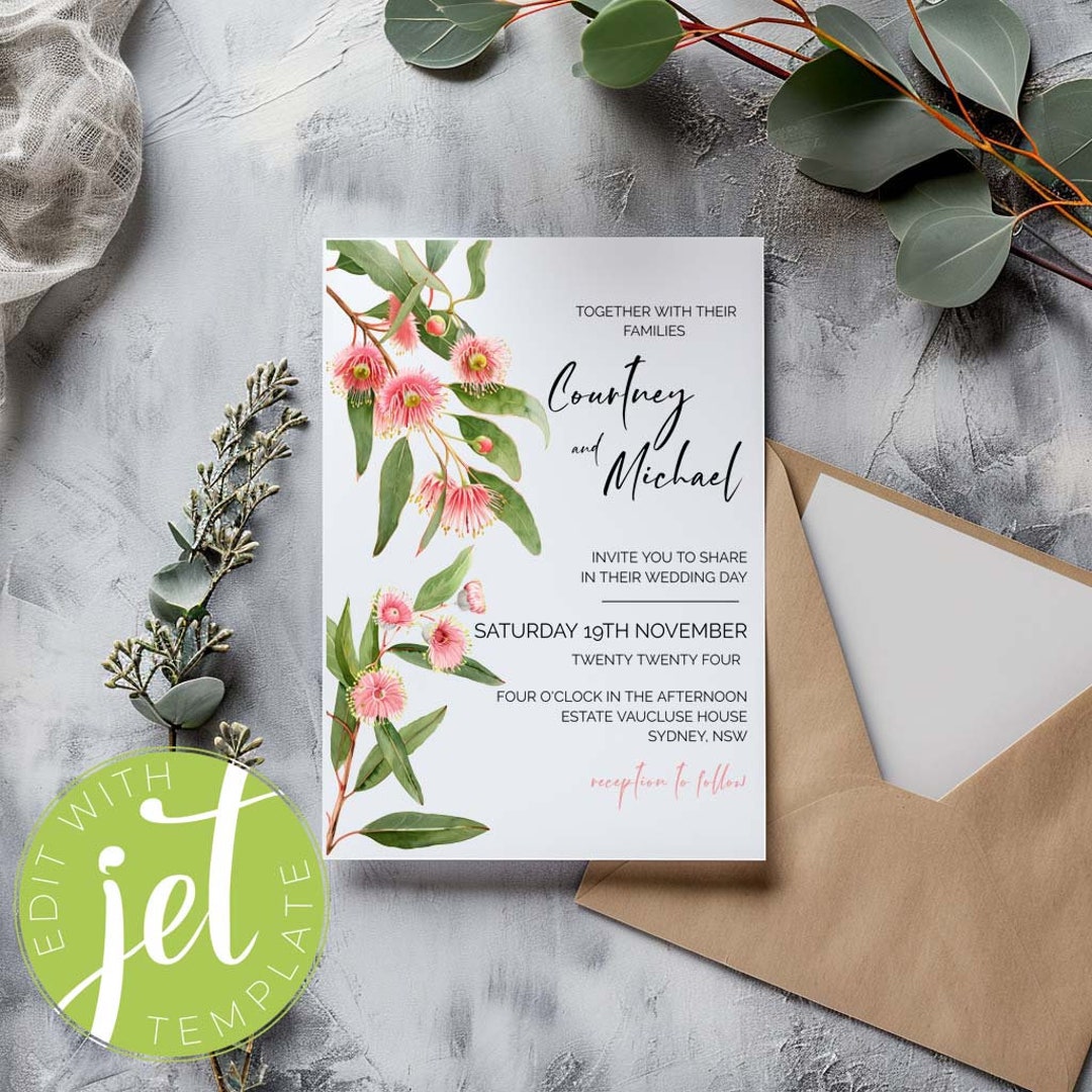 Eucalyptus Wedding Invite Template Watercolor Gumnut Wedding Invitation ...