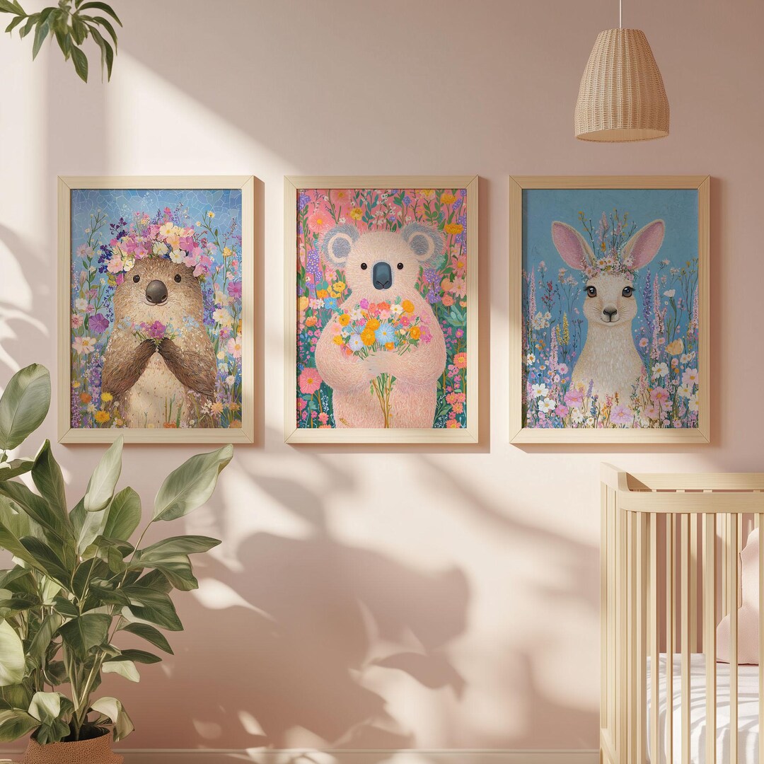 Australian Art Animals Floral Art Print Set Girls Nursery Decor Set of ...