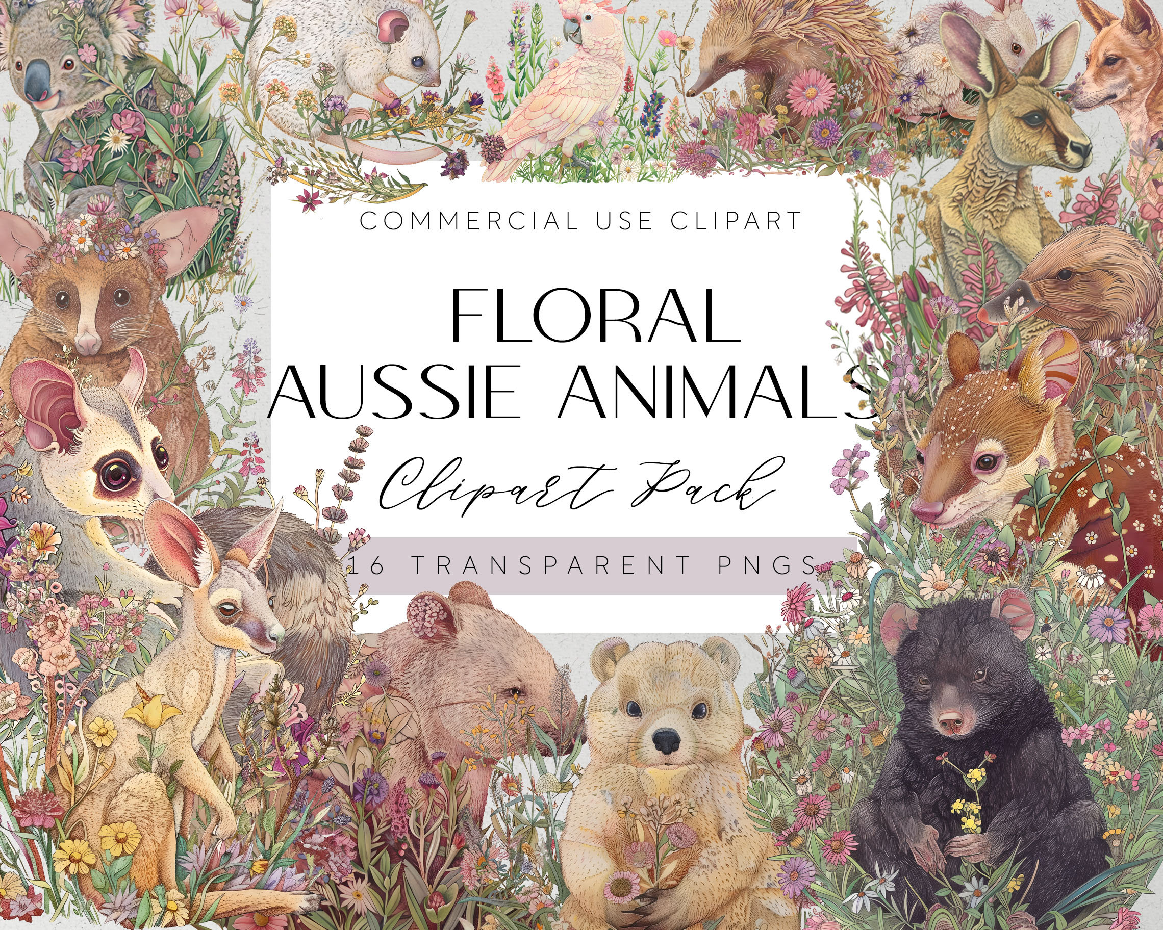 Australian Floral Native Animals Clipart Aussie Kangaroo Illustrations ...