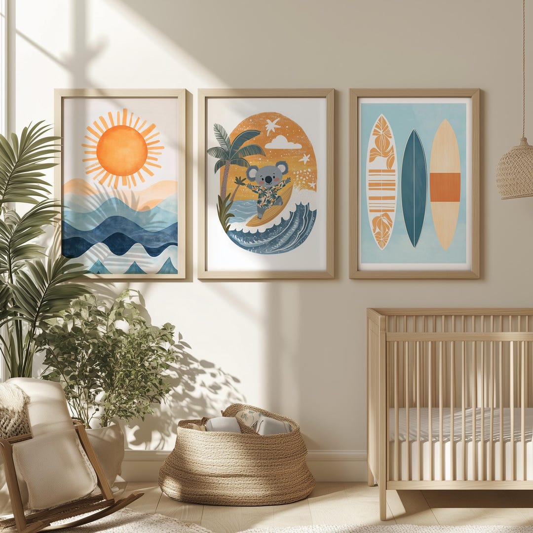Australian Art Animals Surfing Koala Art Print Set Boy Nursery Décor ...