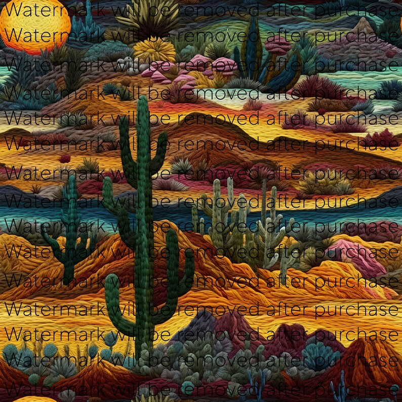 Embroidery Desert Seamless Pattern, Desert Sunset Embroidery Repeated ...