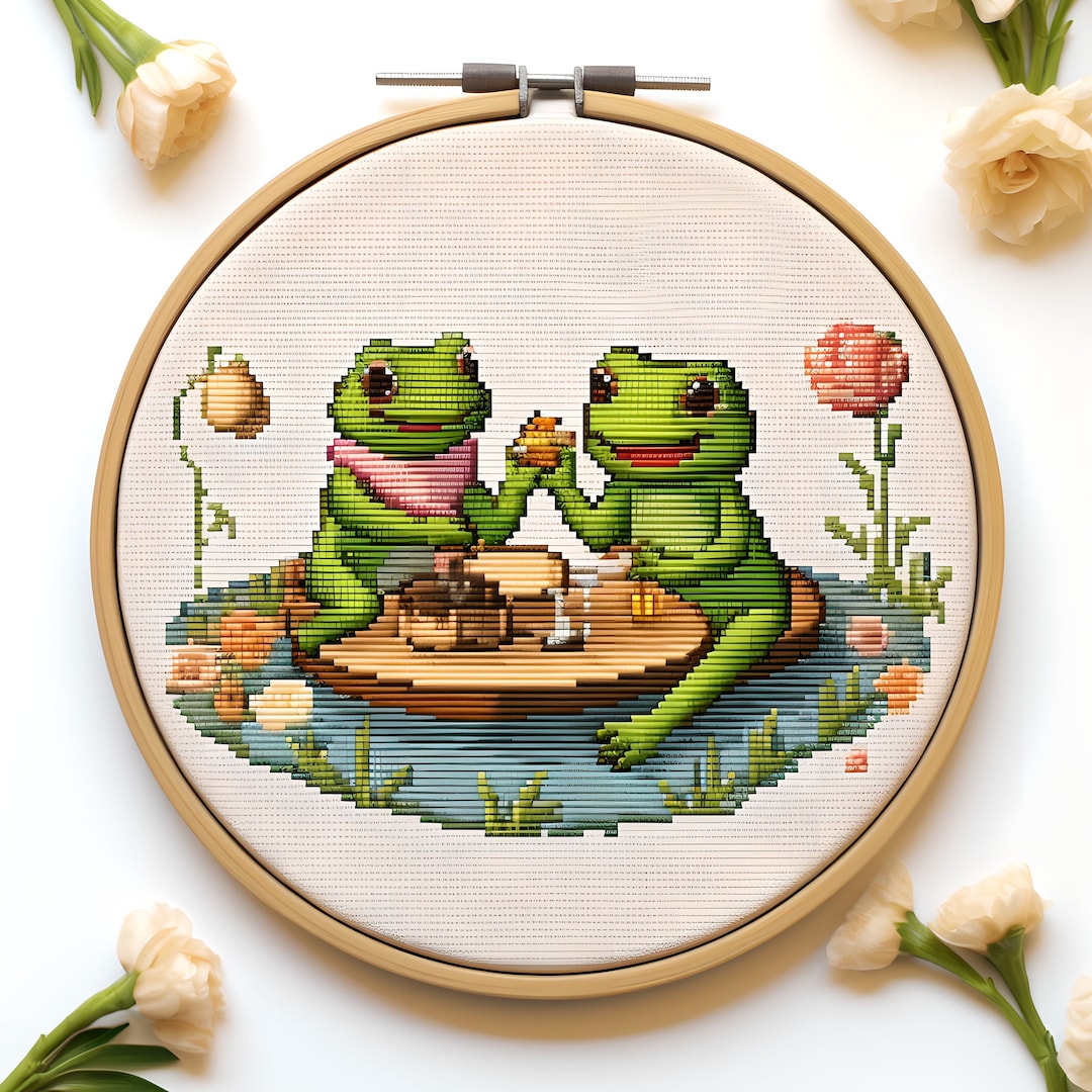 Froggy Picnic Cross Stitch Frog Cross Stitch Pattern Green Frog Simple ...