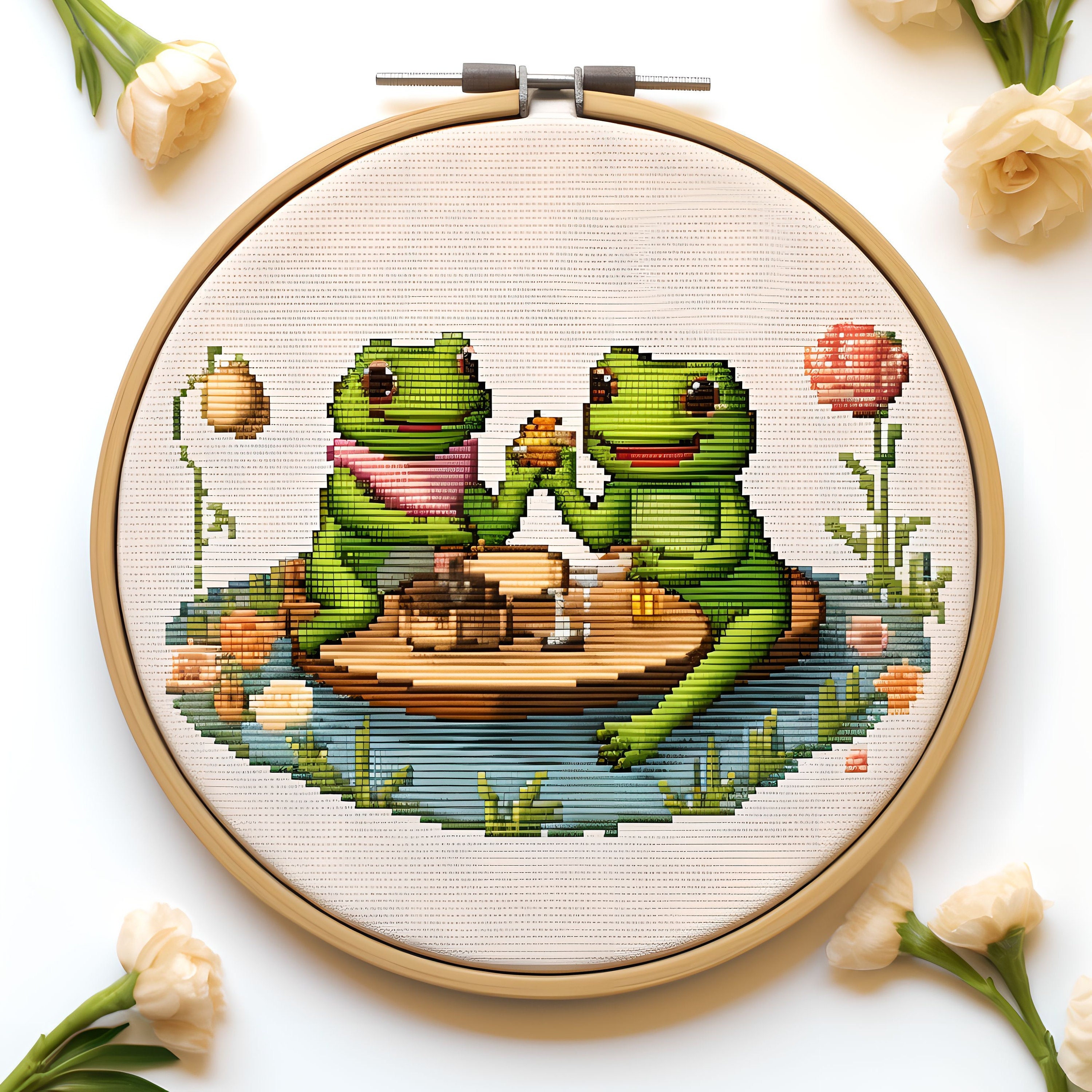 Froggy Picnic Cross Stitch Frog Cross Stitch Pattern Green Frog Simple Pattern Easy Small Animal ...