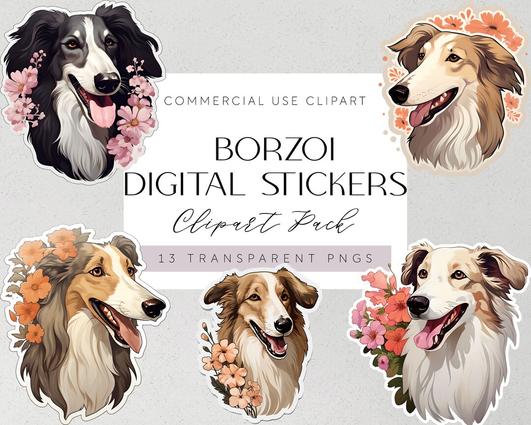 Borzoi Stickers Digital Clipart Silken Wind Hound PNG Saluki Stickers ...
