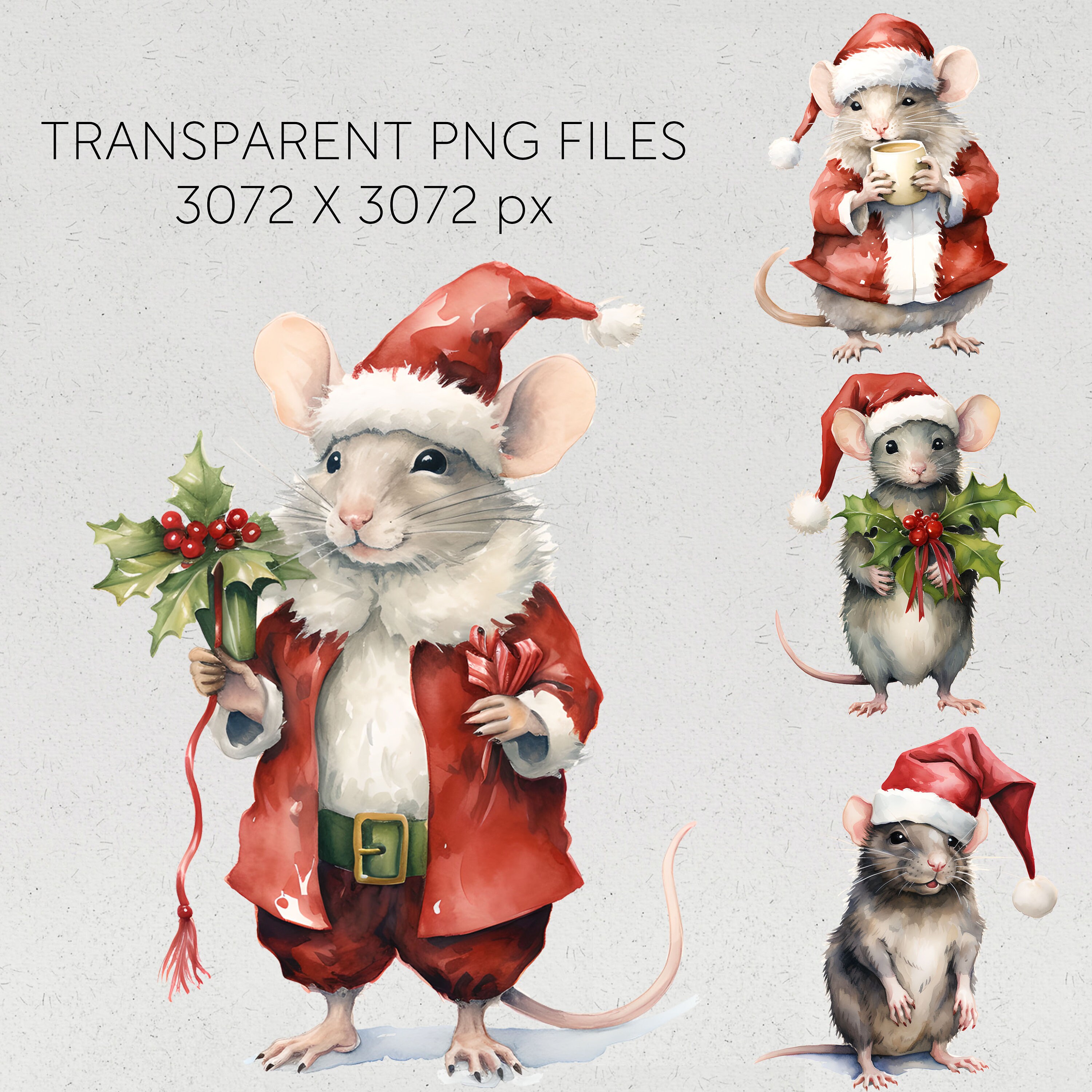 Christmas Rat Clipart Watercolor Xmas Rat Christmas Mice PNG Rat Card ...
