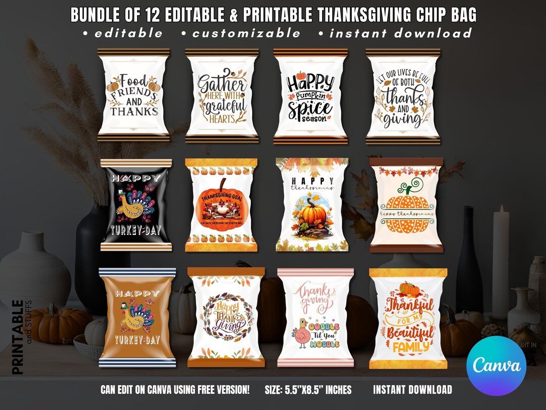 Thanksgiving Custom Chip Bag Bundles Printable Chip Bag for - Etsy