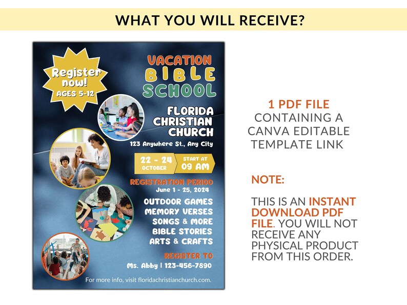 VBS Vacation Bible School Poster Flyers, VBS Flyers, Editable Canva Church Flyer Template for ...
