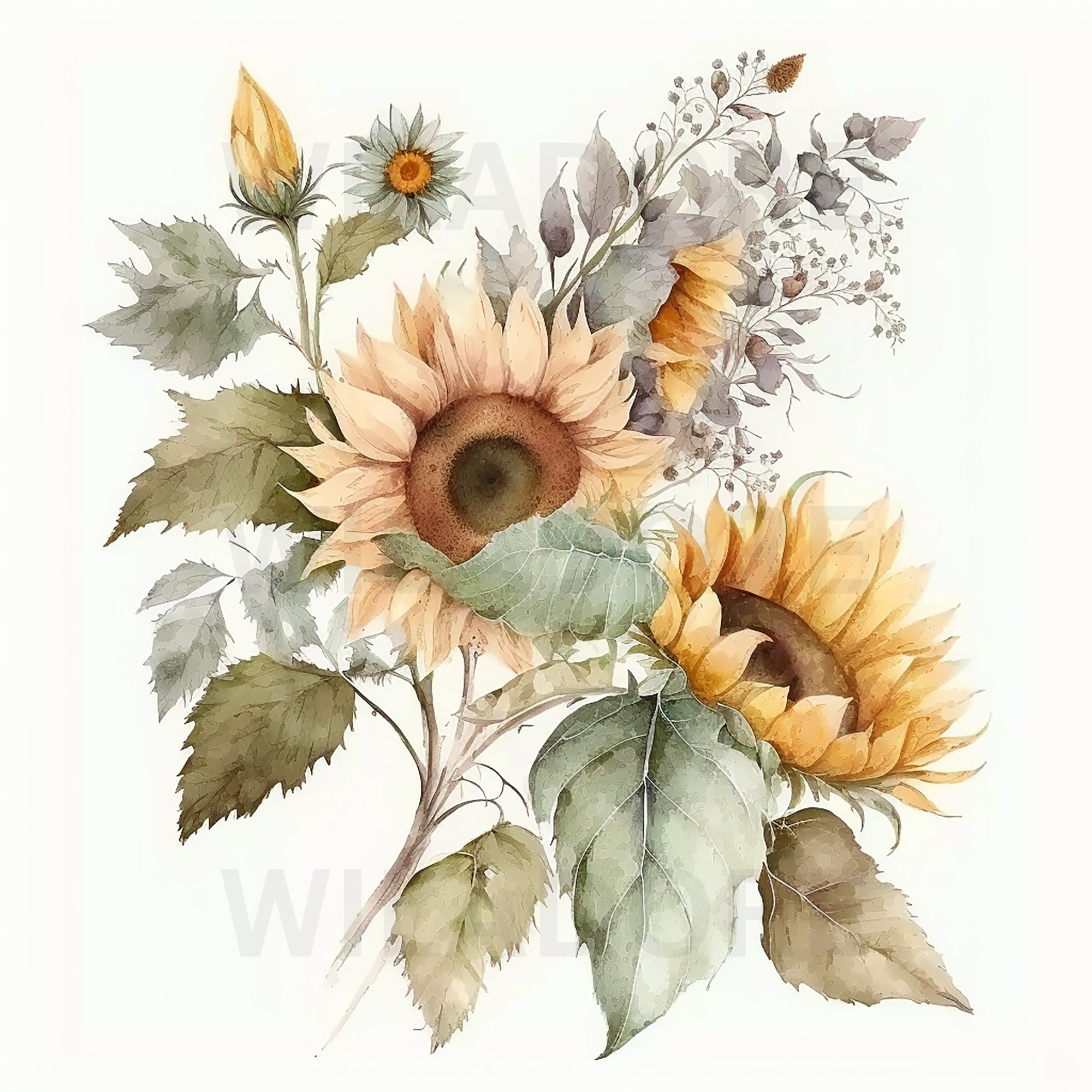 10 Watercolor Various Sunflower Floral Clipart, Flower Print, Printable ...