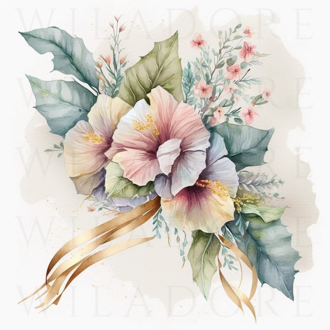 10 Watercolor Floral Clip Art, Hibiscus Flowers, Ribbons, Tropical ...