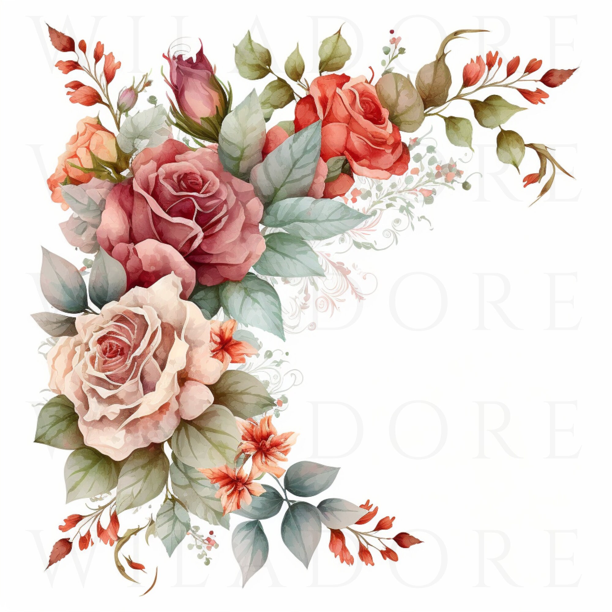 10 Watercolor Rose Flower Border Art, Corner, Roses Flowers, Floral ...