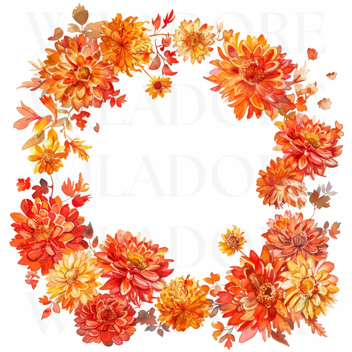 10 Watercolor Chrysanthemum Flower Wreath Borders, Fall Autumn Flowers ...