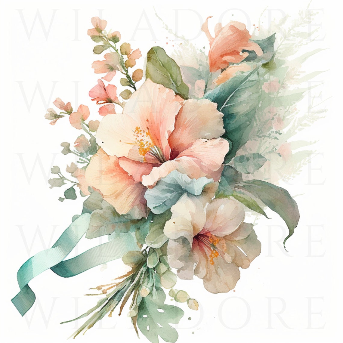 10 Watercolor Floral Clip Art, Hibiscus Flowers, Ribbons, Tropical ...