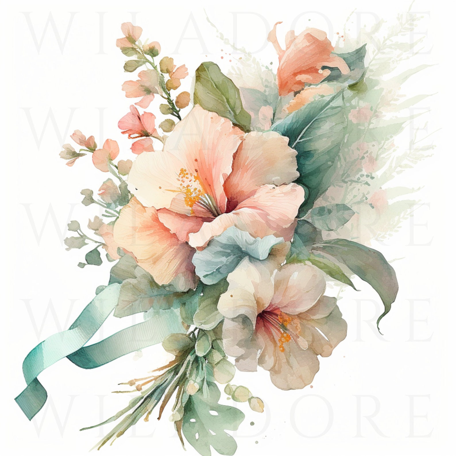 10 Watercolor Floral Clip Art, Hibiscus Flowers, Ribbons, Tropical ...