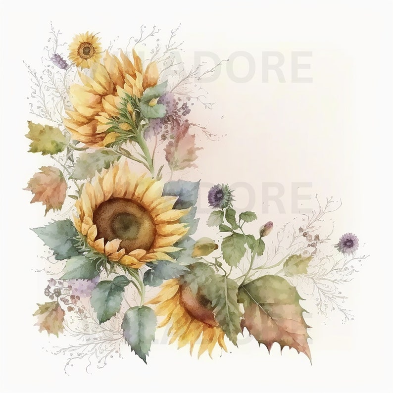 10 Watercolor Sunflower Picture Frame Corner Border Floral Clipart ...
