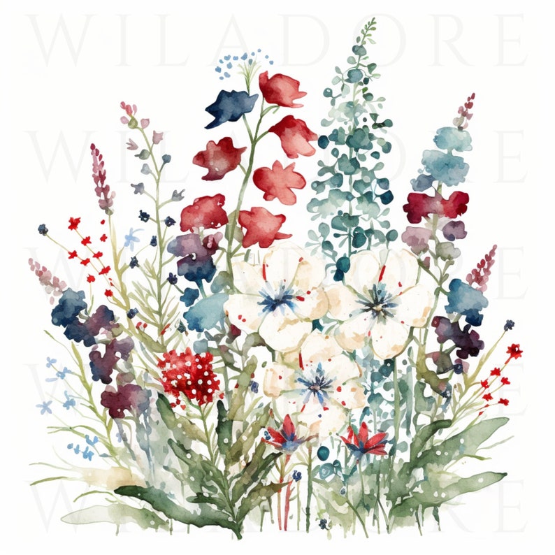 10 Watercolor Floral Clipart Independence Day Flower Border 4th of July ...