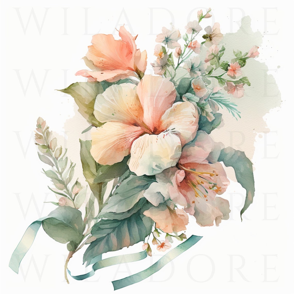 10 Watercolor Floral Clip Art, Hibiscus Flowers, Ribbons, Tropical ...