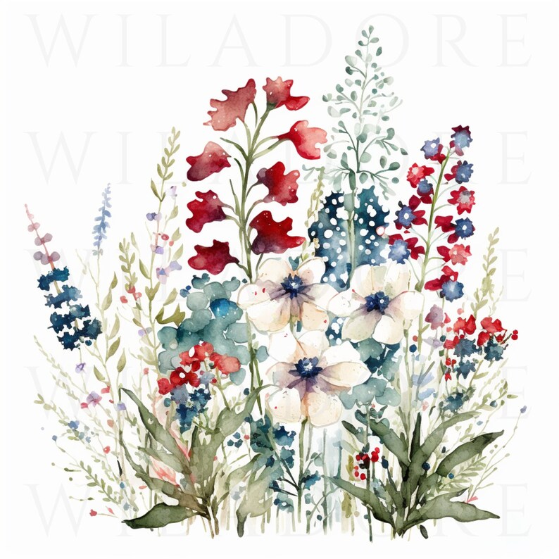 10 Watercolor Floral Clipart Independence Day Flower Border 4th of July ...