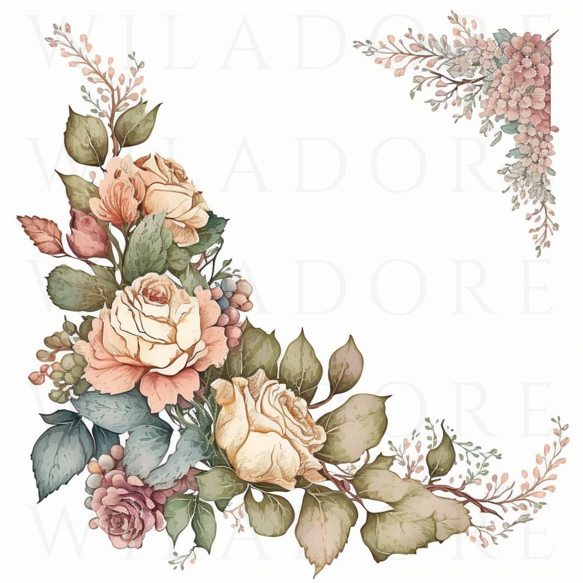 10 Watercolor Rose Flower Border Art, Corner, Roses Flowers, Floral ...