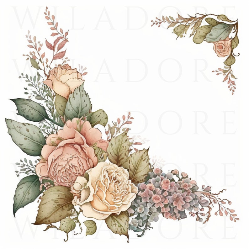 10 Watercolor Rose Flower Border Art, Corner, Roses Flowers, Floral ...