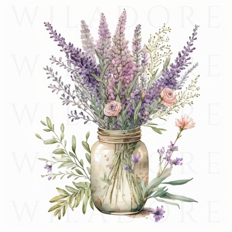 10 Watercolor Lavender Flower Art, Vase, Lavender Flowers, Floral ...