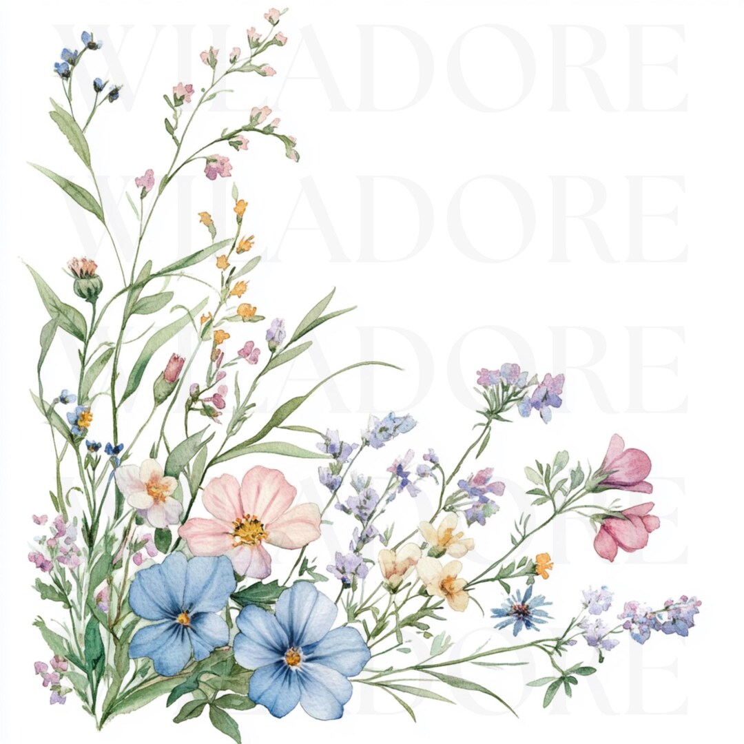 Watercolor Wildflower Corner Border Clipart Floral Digital Art, 10 PNG ...