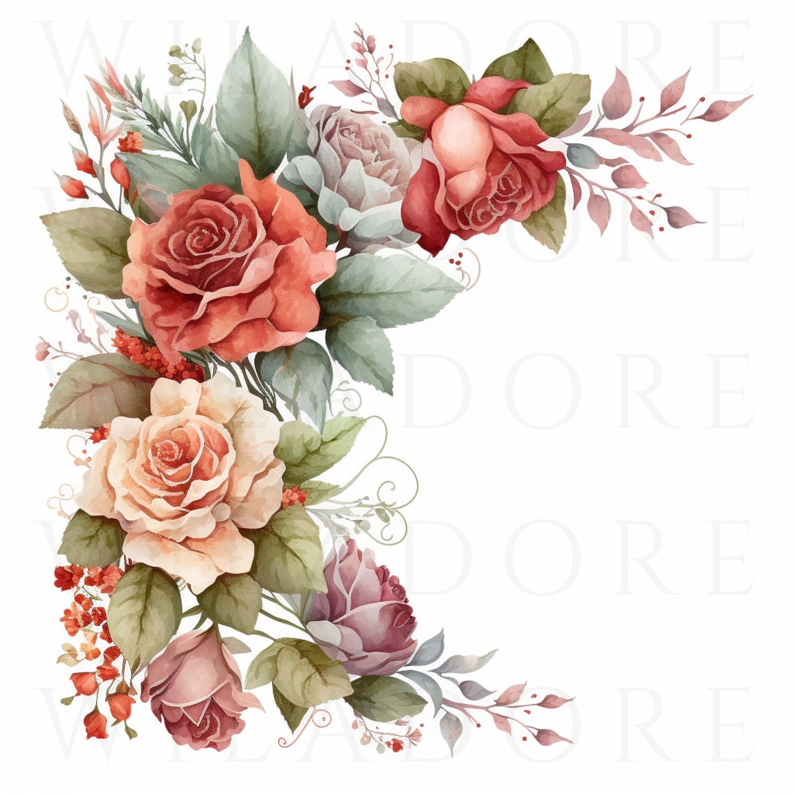 10 Watercolor Rose Flower Border Art, Corner, Roses Flowers, Floral ...