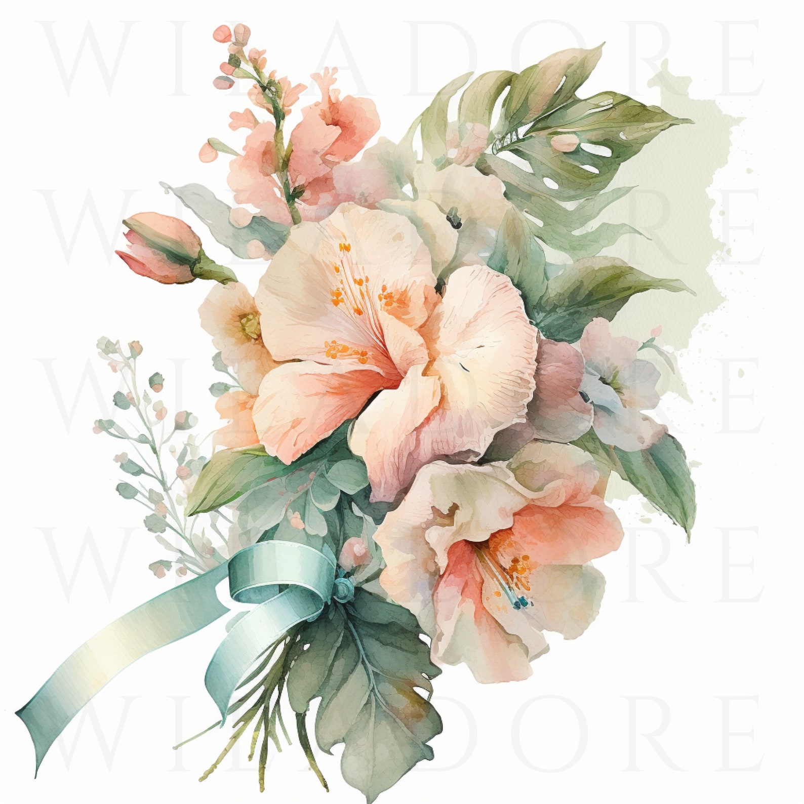 10 Watercolor Floral Clip Art, Hibiscus Flowers, Ribbons, Tropical ...