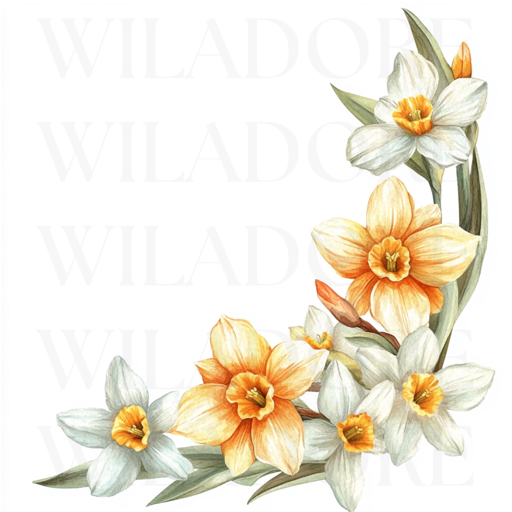 Watercolor Daffodil Flowers Borders, Corner, 10 PNG Floral Images ...